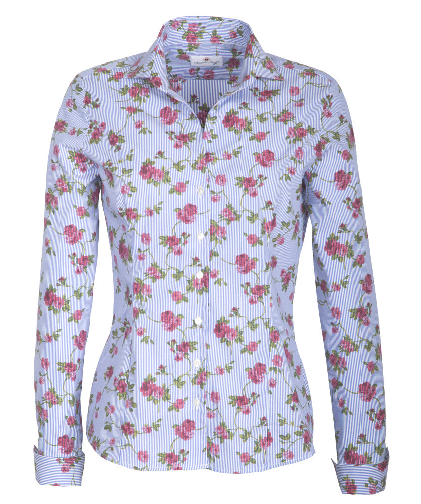 Bluse mit V Ausschnitt Weiß Blau mit Blumen gemustert | Daniels & Korff